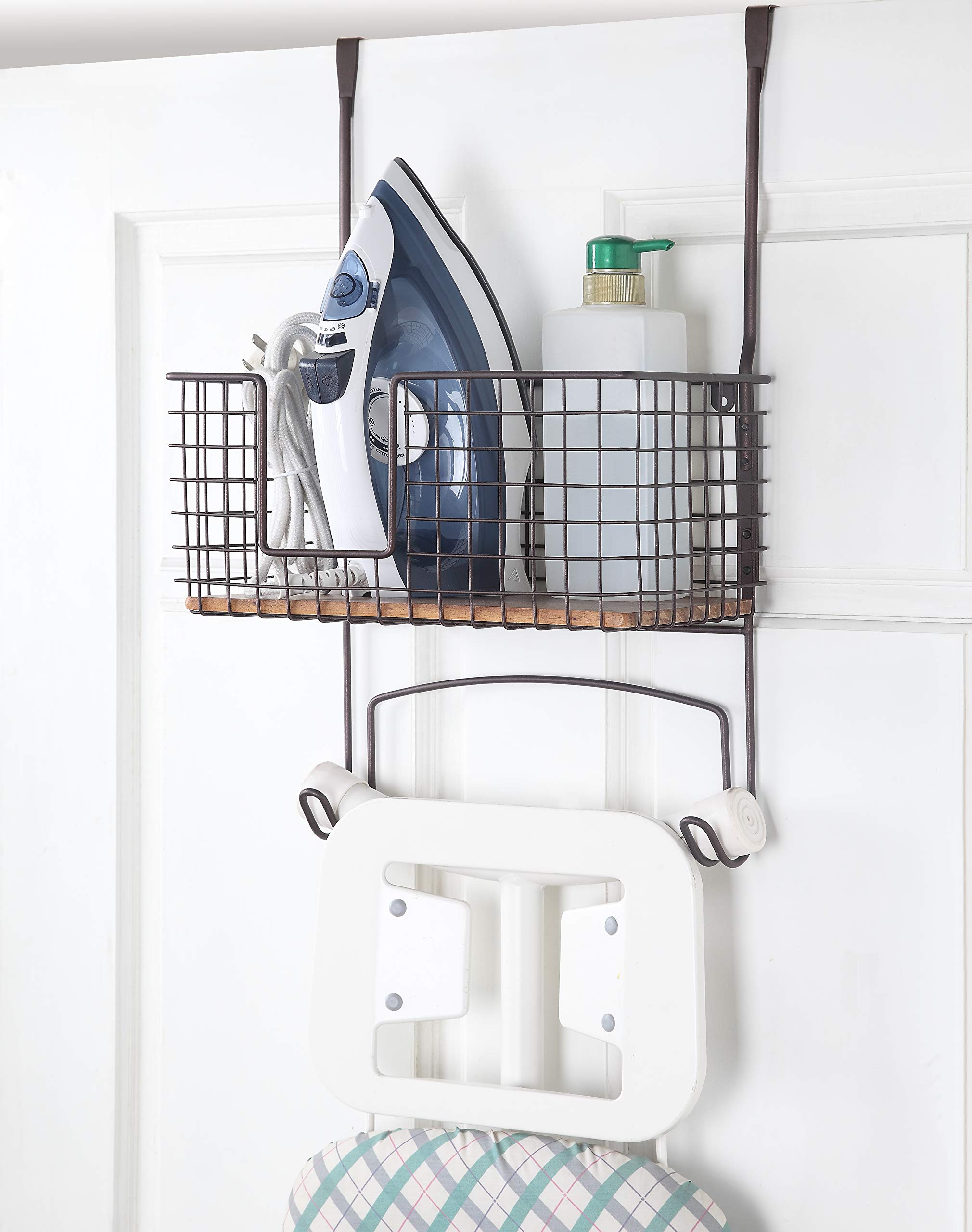 SunnyPoint Metal Wall Mount/Over The Door Ironing Board Holder with Large Storage Basket (ORB, 12" X 7" X 5.5" (Basket Size))