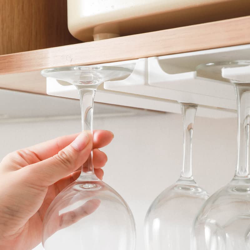 Vaisoeny Wine Glass Holder Under Cabinet ,Wine Glass Rack - Under Cabinet Stemware Wine Glass Holder Glasses Storage Hanger plastic Organizer for Bar Punch-free Self-adhesive 2 Pack(White)