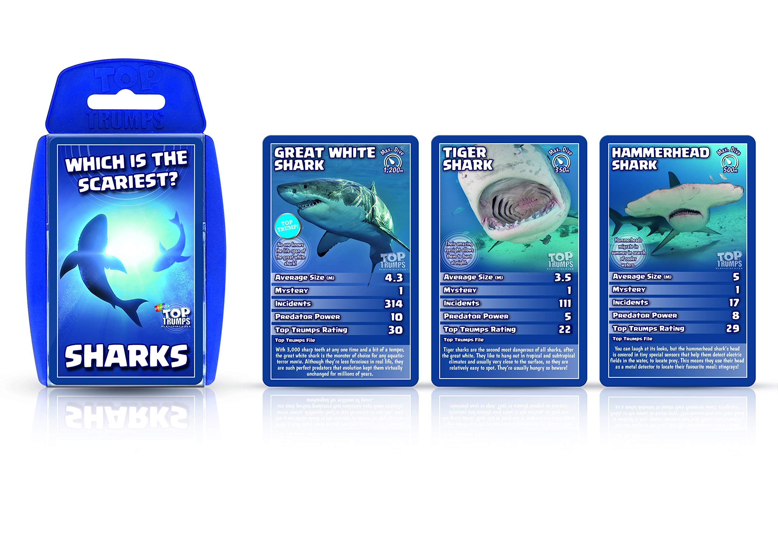 Top Trumps Sharks Classics Card Game, learn about Great White Sharks, Tiger Sharks and Hammerheads in this educational pack, gift and toy for boys and girls aged 6 plus