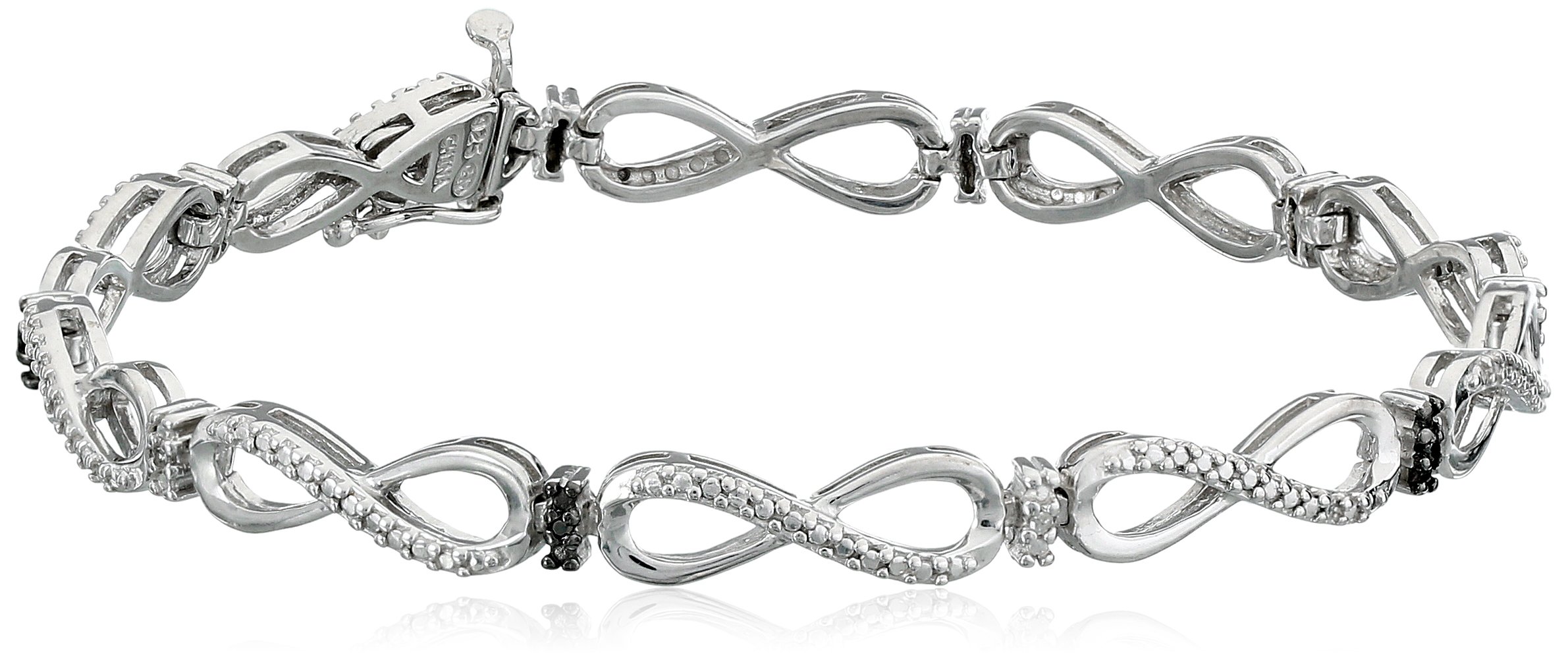 Sterling Silver Genuine Black and White Diamond Infinity Link Bracelet, 7.5"