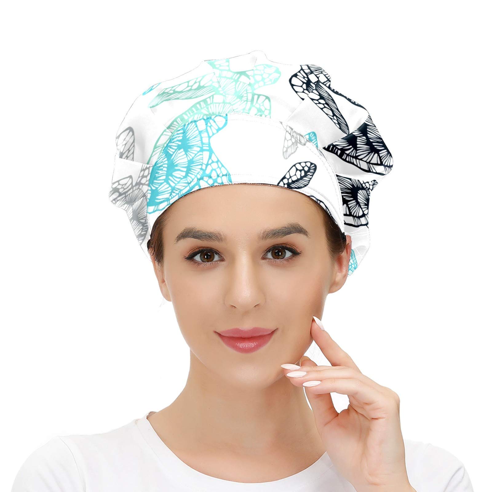 Womens Working Cap with Cotton Sweatband Adjustable Elastic Bouffant Hat Tie Back Work Hats for Women Men One Size Working Cap Head Hair Covers Boho Sea Turtle Tortoise (3)