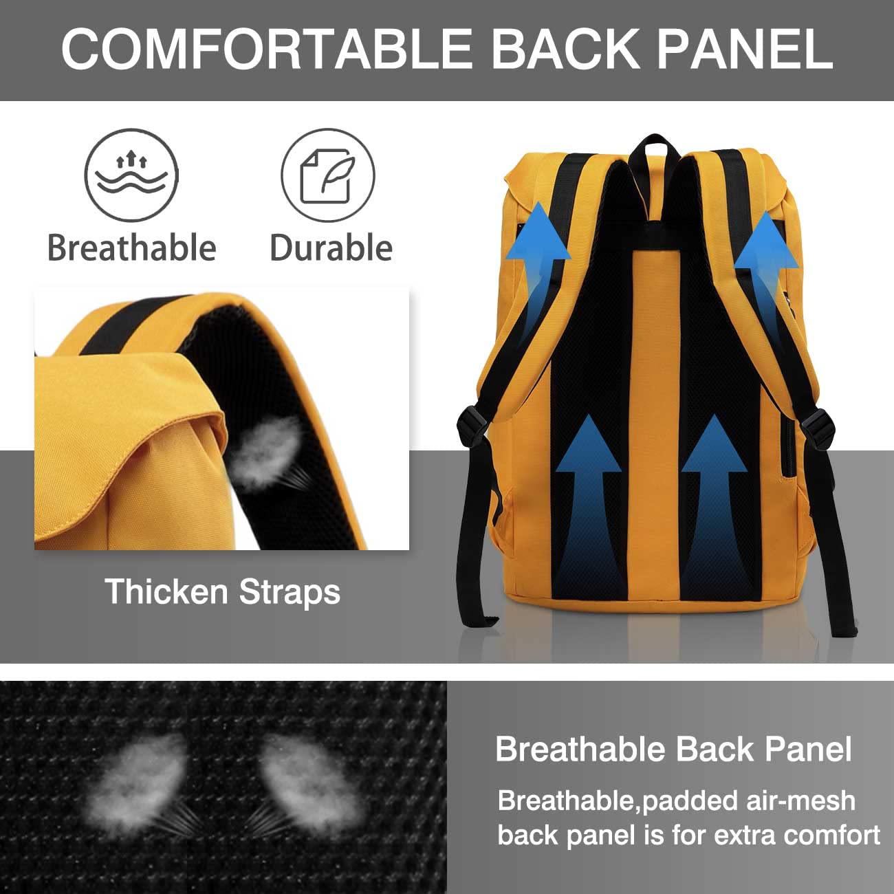 VASCHY Backpack for Men, Casual Water-resistant Hiking Camping Daypack Rucksack Travel School Backpack Drawstring Bookbag for College Fits 15.6inch Laptop (Yellow)