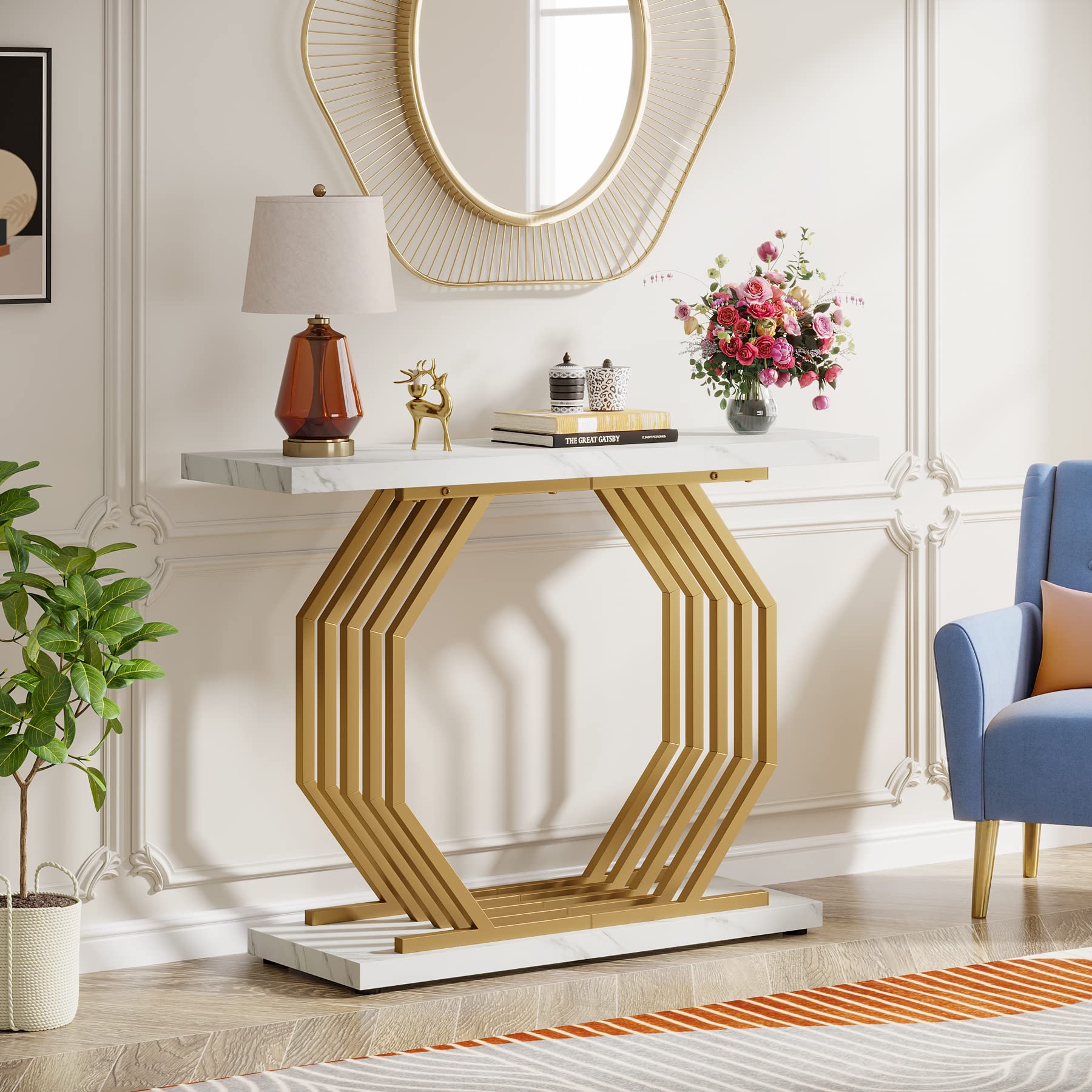 Tribesigns Gold Console Table, Faux Marble Entryway Table Narrow Sofa Table with Geometric Metal Base, 40 Inch Modern Accent Table Entrance Table for Living Room, Hallway, Foyer, Black