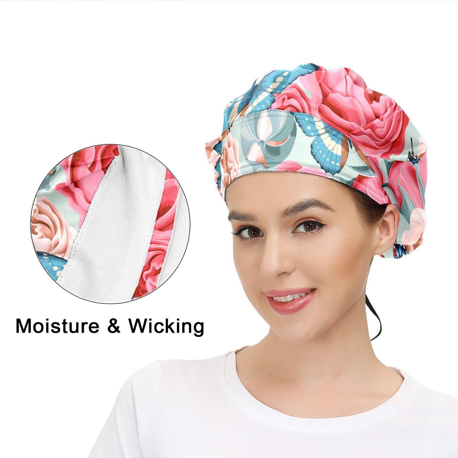Womens Working Cap with Cotton Sweatband Adjustable Elastic Head Cover Hair Tie Back Work Hats for Women Men One Size Bouffant Hat Covers Rose with Butterfly