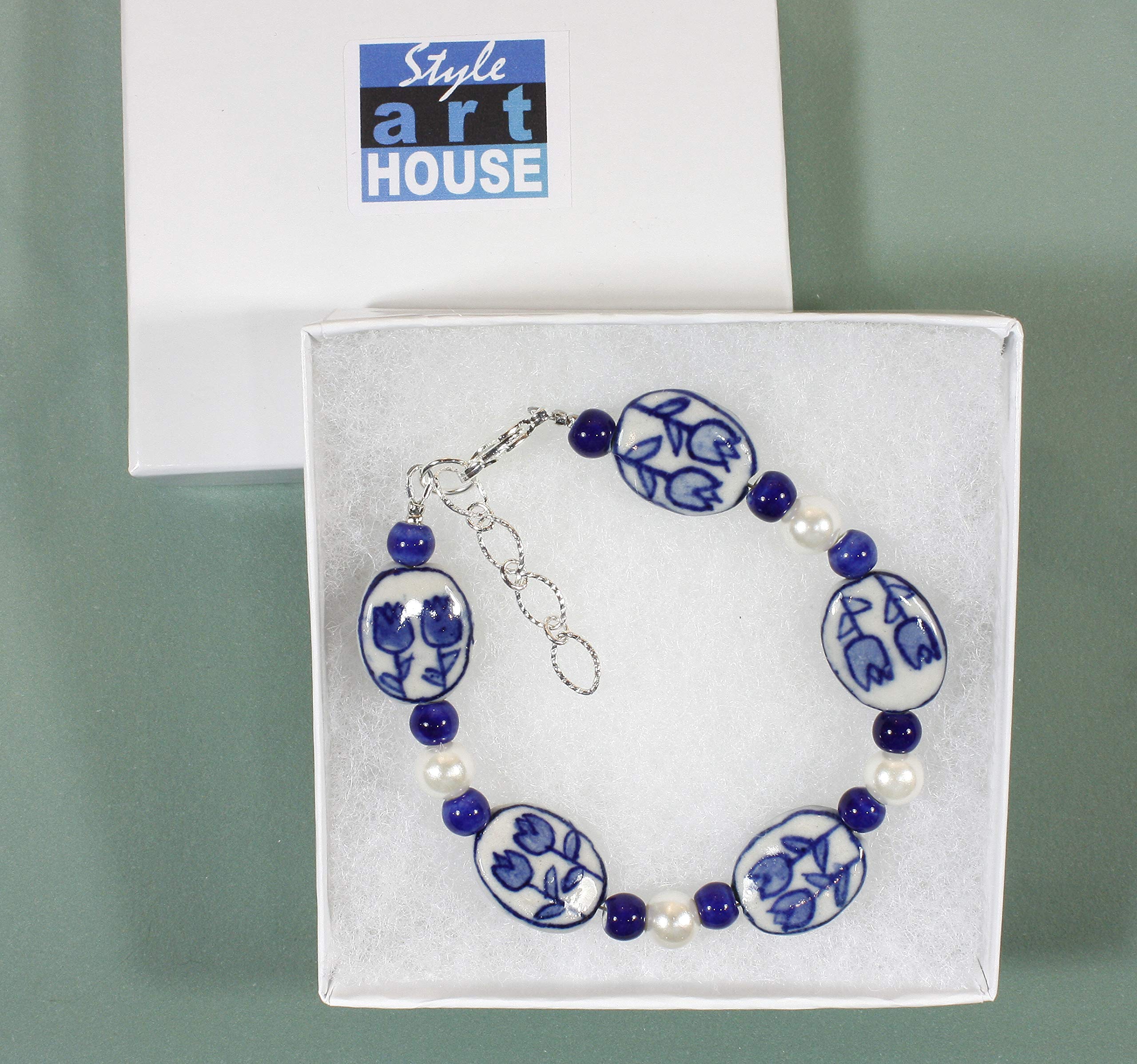 Style ARThouse Tulip Time Dutch Blue Delft Porcelain Bracelet, 8.5 Inches Large