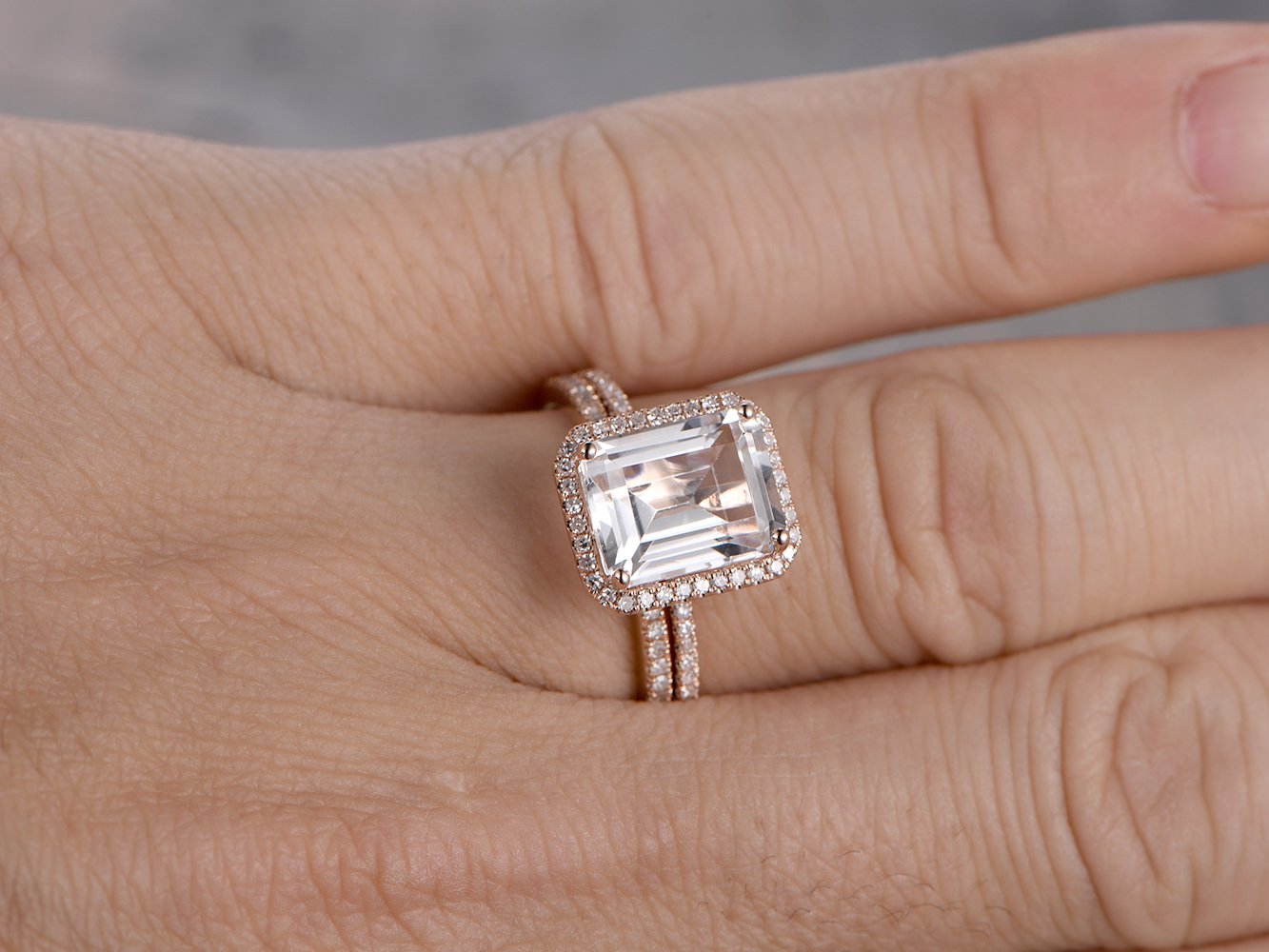 White Topaz Engagement Ring Set Diamond wedding ring 14K Rose Gold 10x8mm Emerald Cut Stone Promise