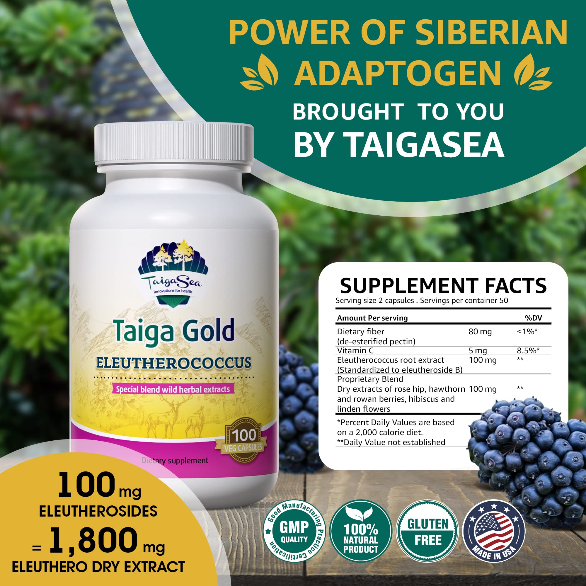 TAIGASEA Wild Eleuthero Root Extract, Herbal Extract Blend with Eleutherococcus for Immunity and Physical Shape, Stamina and Endurance, 100 Vegeterian Capsules