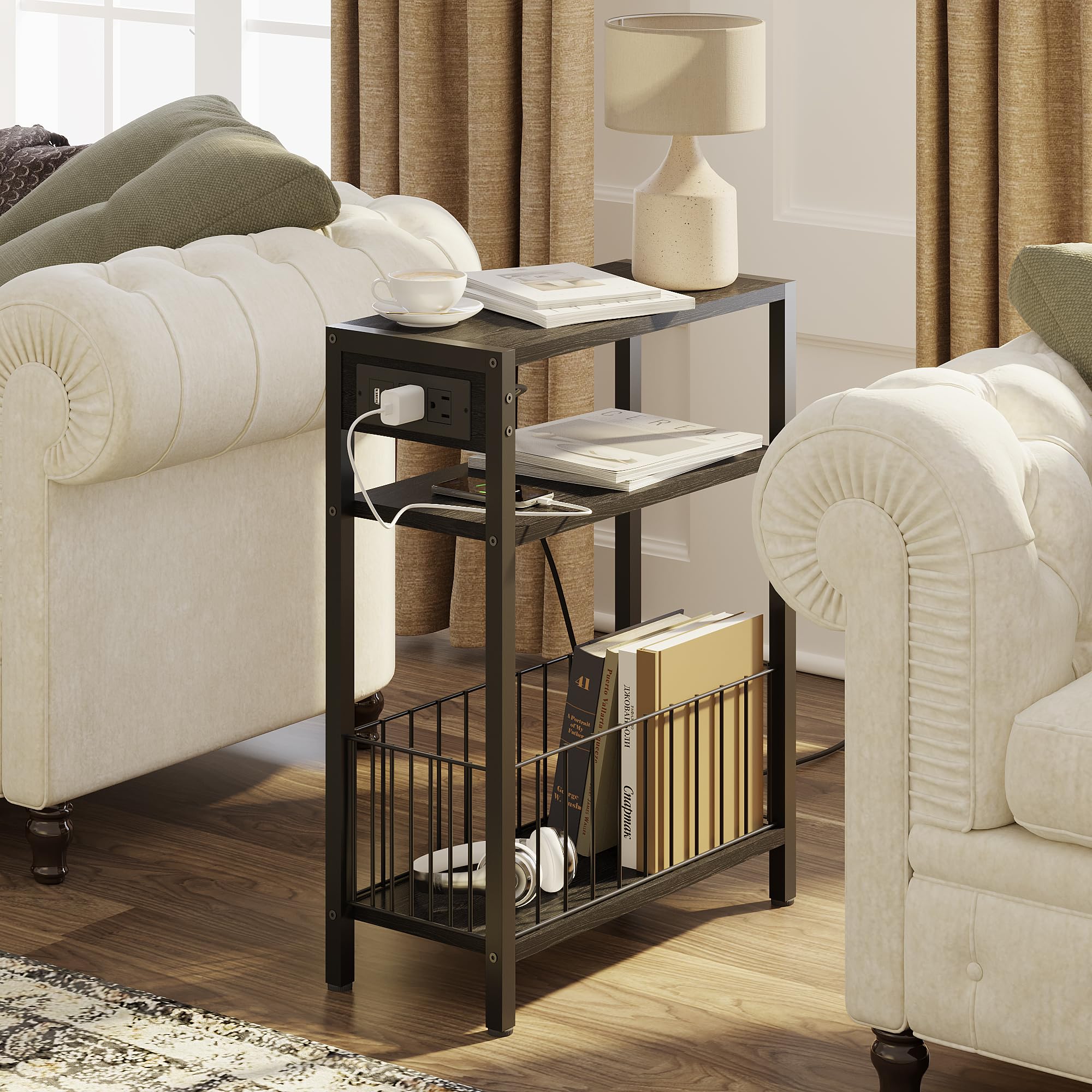 TRIFEBLE End Table with Charging Station, Narrow Side Table with Storage Shelf, Modern Sofa Table for Small Spaces, 3 Tier Nightstand with Steel Wire Basket for Living Room, Bedroom, Rustic Brown