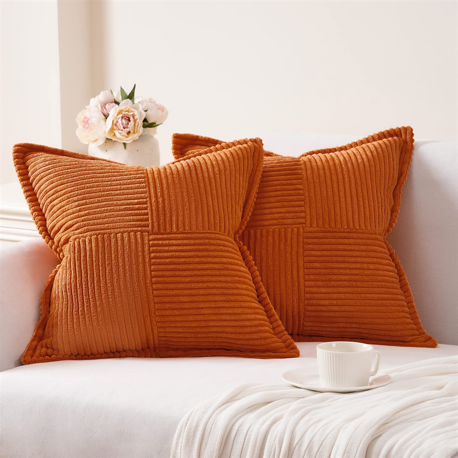 Topfinel Fall Broadside Throw Pillow Cover with Splicing 18x18 Set of 2, Super Soft Corduroy Couch Pillow Covers Decorative Textured Corduroy Throw Pillows for Couch Bed(18 x 18 inch/Burnt Orange)
