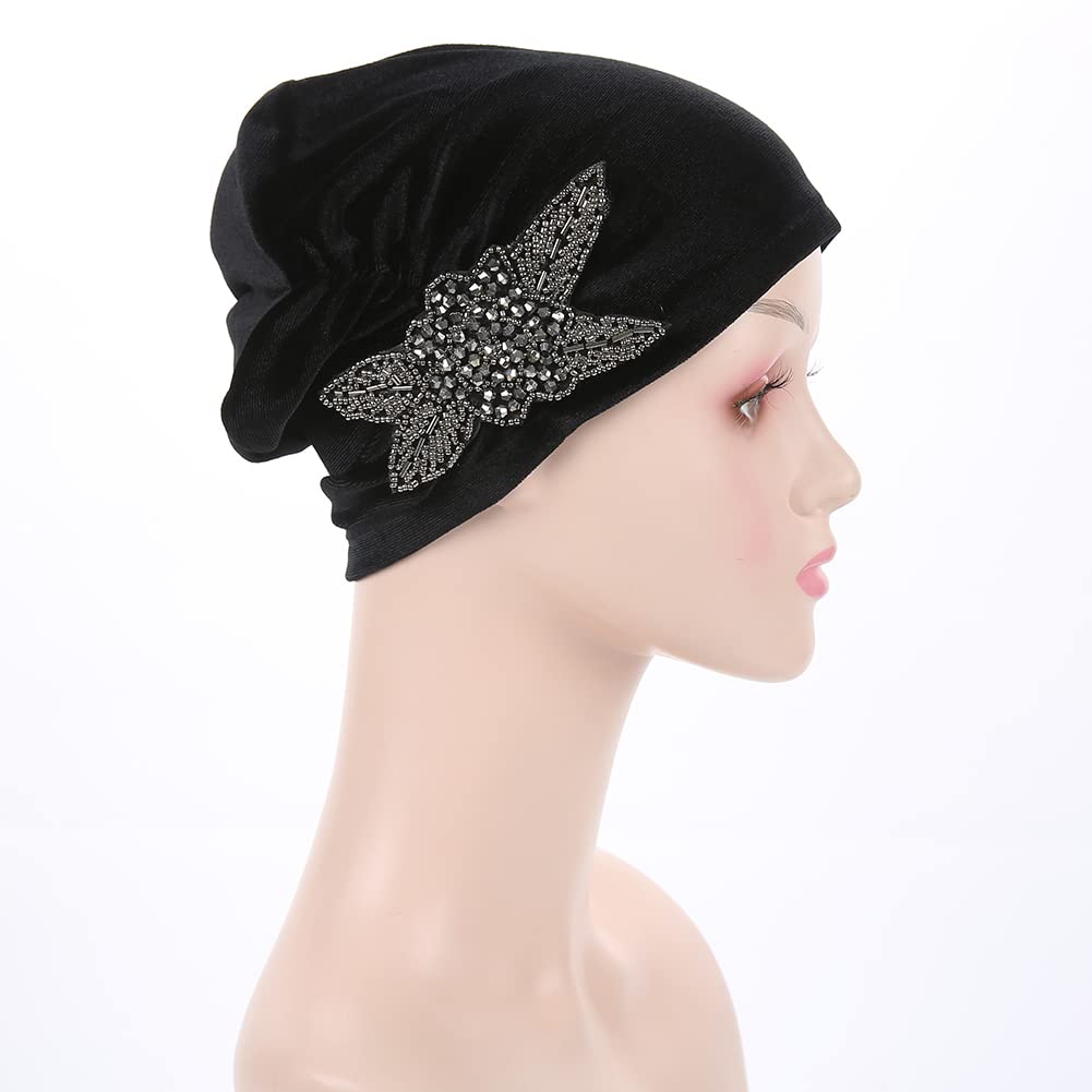 YiYi Operation Women's Stretch Velvet Turban Hat Cancer Chemo Beanie Beaded Flower Hair Wrap Cap Headwear (Black)