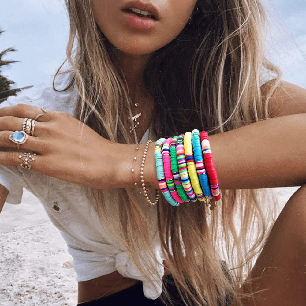 Surfer Necklace Bracelet for Women - Heishi Beaded Necklaces Colorful Stretch Bracelet Stack Jewelry Set for men 10 pcs