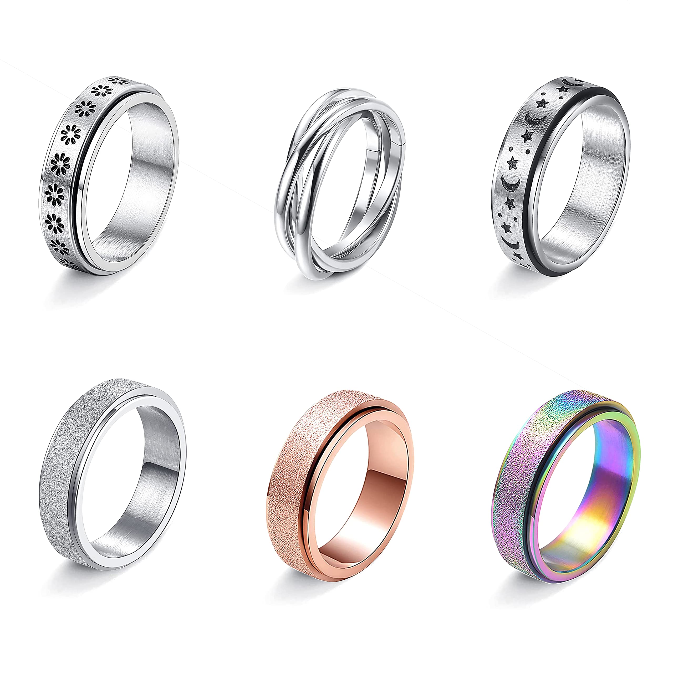 WATAKA 6PCS Spinner Ring for Women Men Anxiety Relief, Stainless Steel Fidget Ring for Stress Relief, Wedding Promise Band Ring Set
