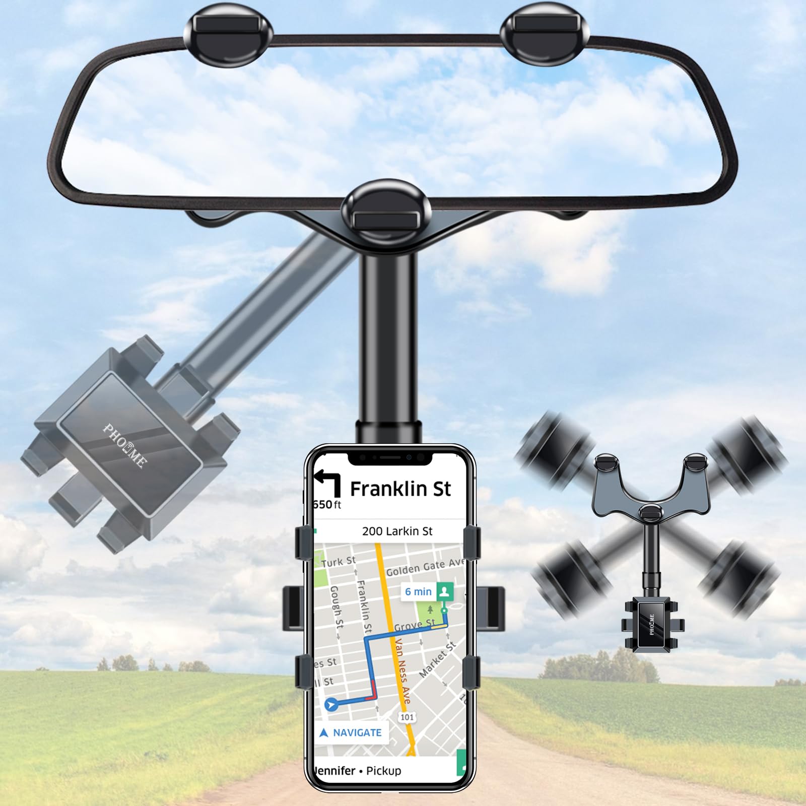 TEETSY Rearview Mirror Phone Holder for Car,Rotatable and Retractable Car Phone Holder Mount 2023 Upgraded Multifunctional 360° Rear View Mirror Phone Holder Pro Clip Car Mirror Phone Holder Mount