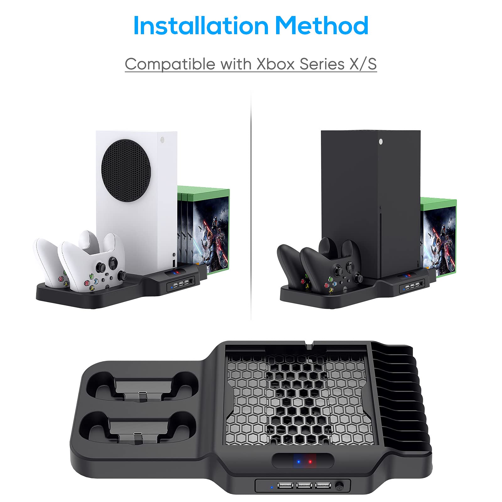 YUANHOT Vertical Stand with Cooling Fan Compatible with Xbox Series X/S, Charging Station Dock with Dual Controller Charger Ports, Game Storage and Cooler System