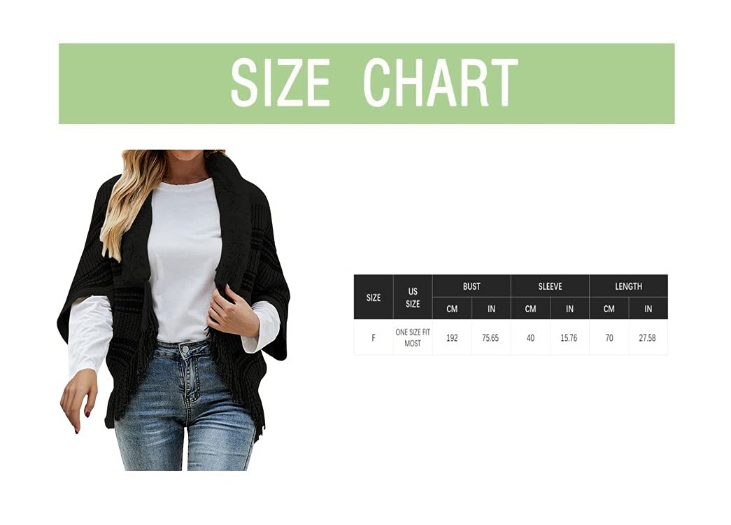 Women's Fringe Cape Cardigan Size Scarf Top Plush Shawl Wrap Baggy Banquet Bat Sleeve Short Coat 11119 (Black, One Size)