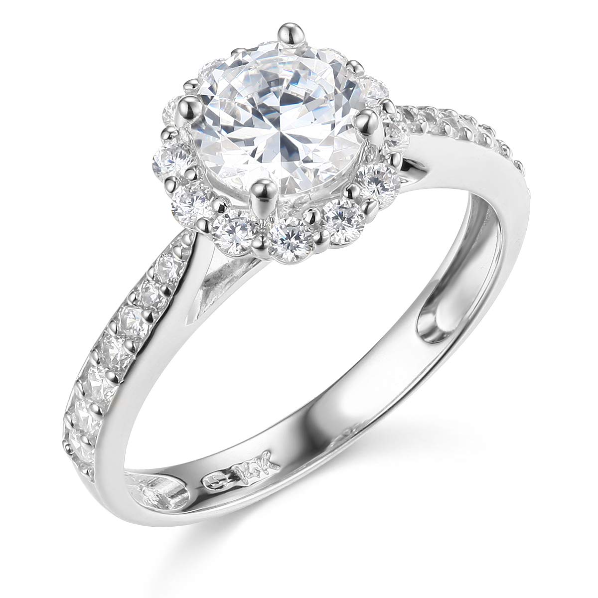 Wellingsale Ladies Solid 14k White Gold Polished CZ Cubic Zirconia Round Cut Halo Engagement Ring with Side Stones - Size 6.5