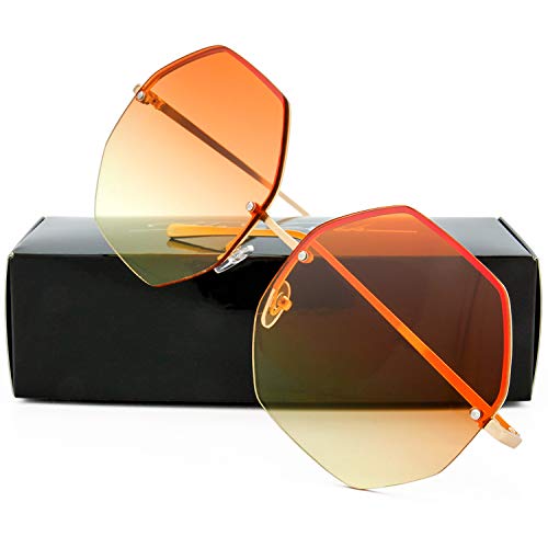 The Fresh Fashion Designer Huge Hexagon Metal frame Ocean Colored Lens Sunglasses Gift Box (Gold, Orange/Yellow)