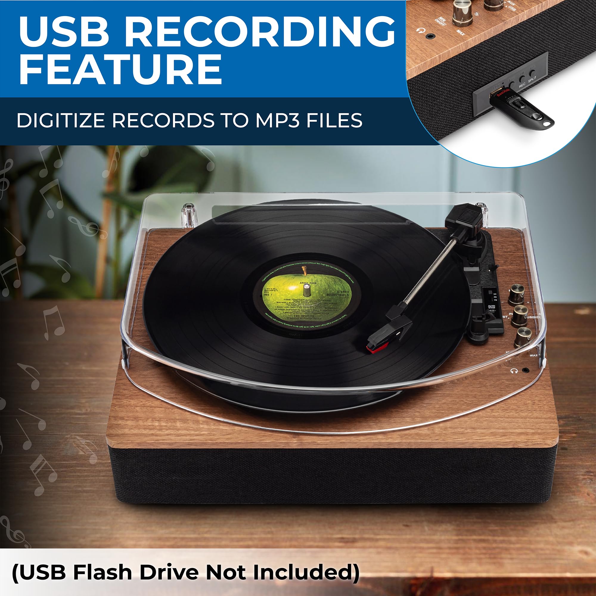 SoundBeast Retro Wooden Turntable with 3 Speed Vinyl Record Player, Built-in Stereo Speakers, Bluetooth, Aux in, USB Playback, & USB Recording to MP3