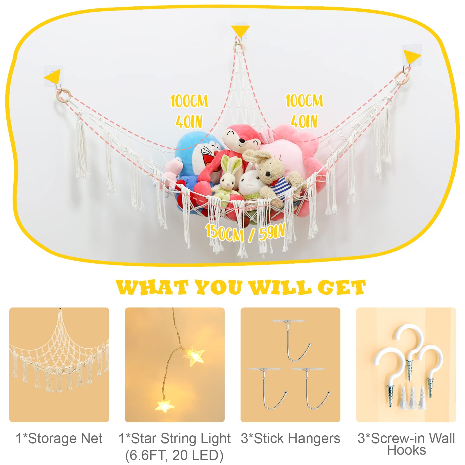 Stuffed Animal Hammock with LED Light, PChero Boho Macrame Stuff Animals Hanging Net Holder with Hooks, Plush Toy Storage Organizer for Kids Room Bedroom Nursery Playroom Wall Corner Décor