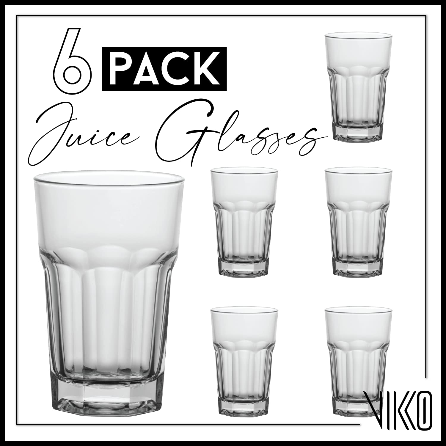 Vikko Drinking Glasses, Set of 6 Juice Glasses 9 Oz, Thick and Sturdy Kitchen Glasses, Dishwasher Safe Highball Glass Tumbler, Heavy Duty Cups, Water Glasses
