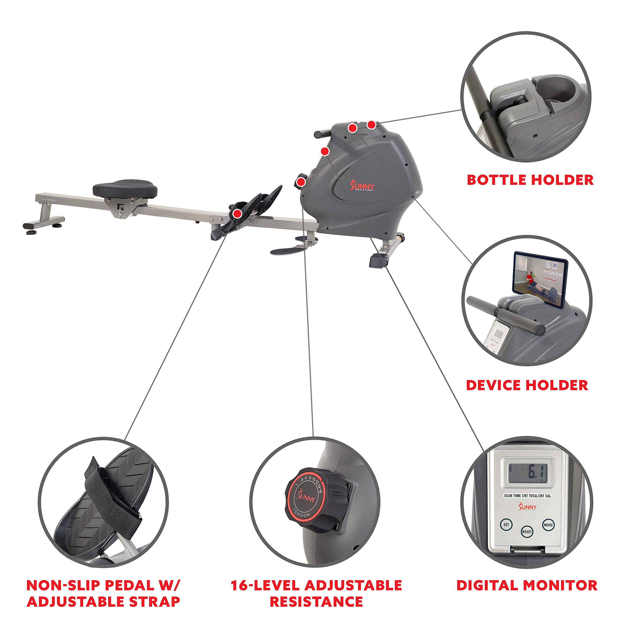 Sunny Health & Fitness Multifunction Premium Magnetic Indoor Rowing Machine - SF-RW5941