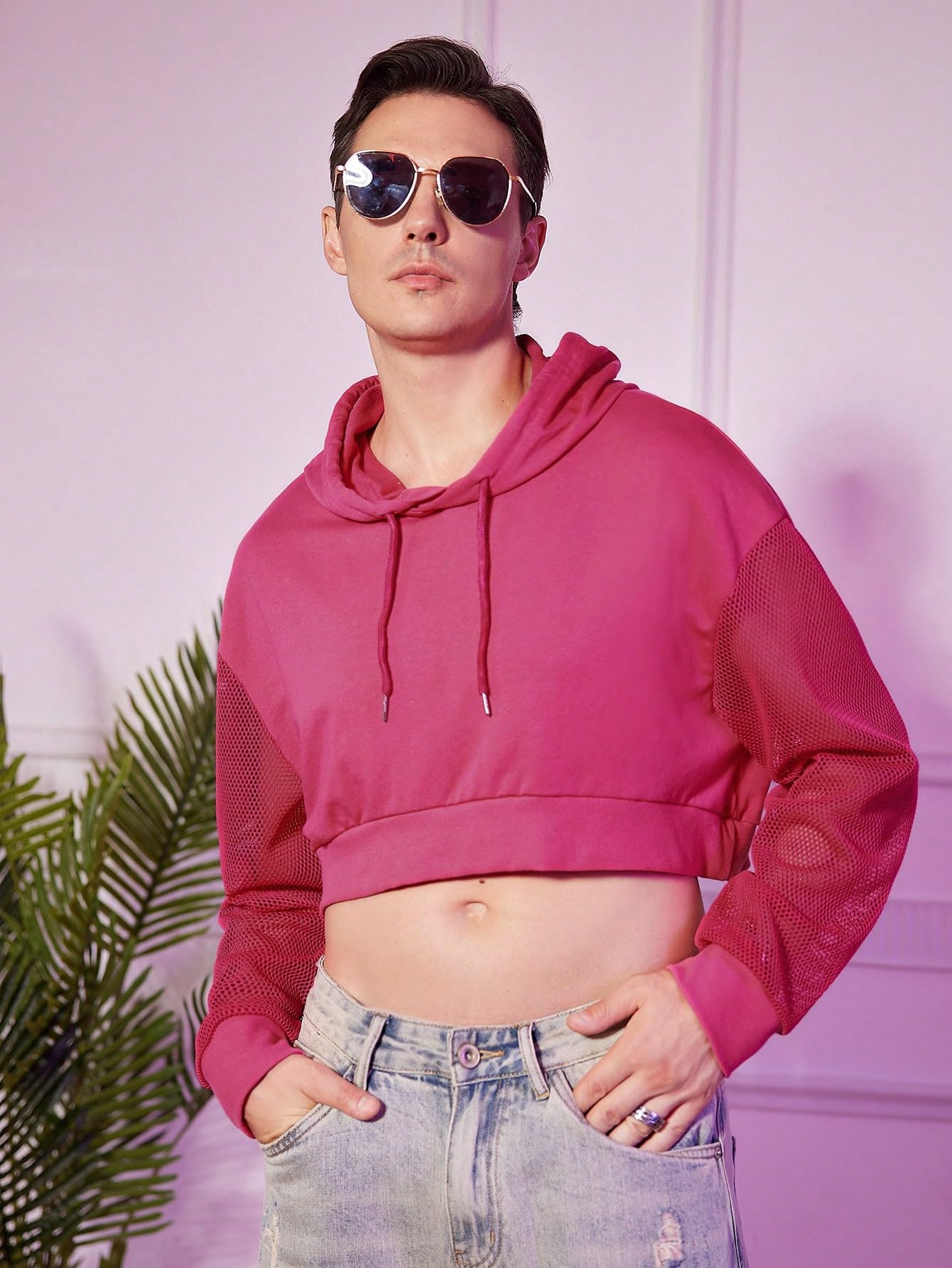 WDIRARA Men's Drawstring Mesh Long Sleeve Hoodie Sweatshirt Pullover Crop Top Hot Pink S