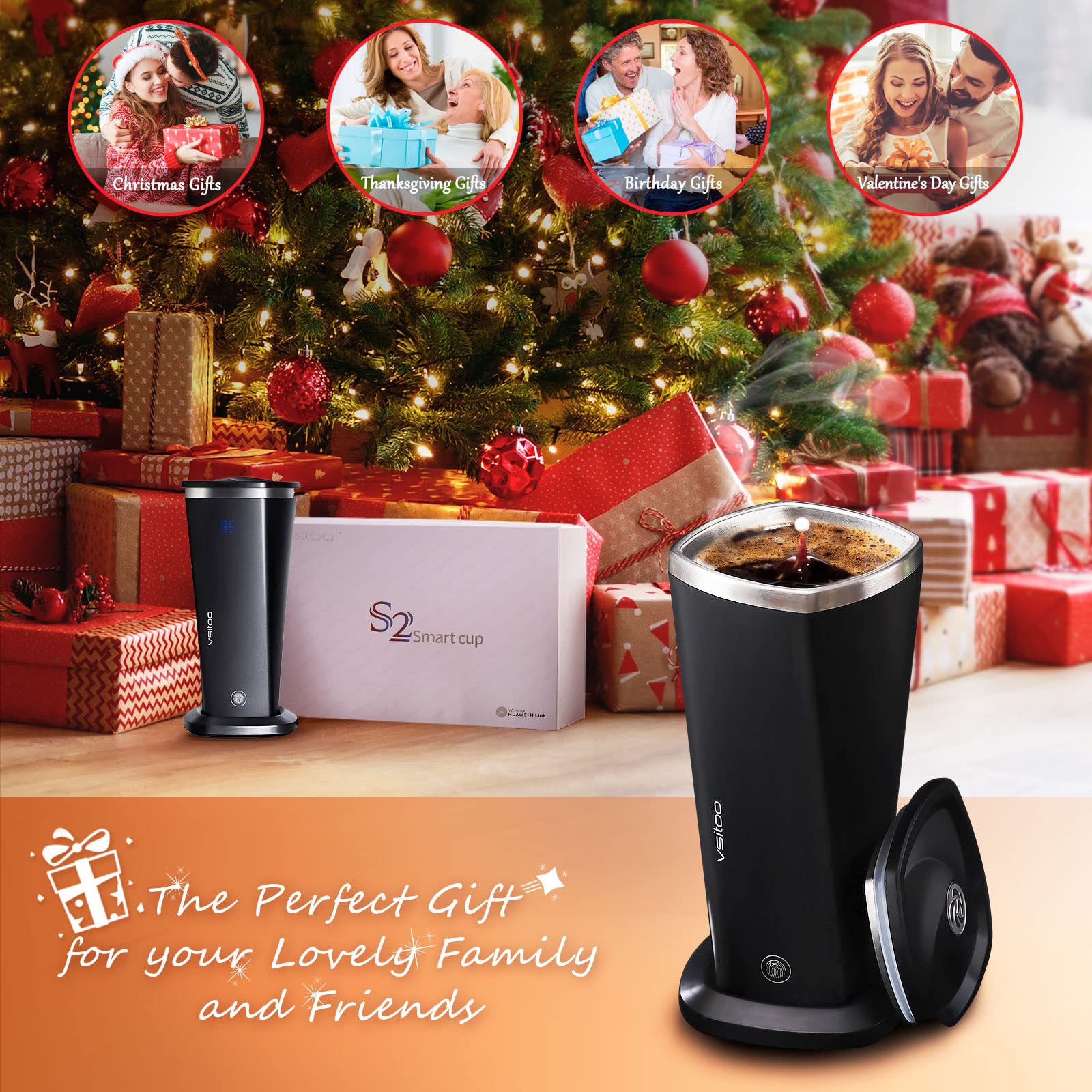VSITOO Coffee Mug Warmer & Mug Set, Beverage Cup Warmer for Desk Home Office Use, Heated Coffee Mug with Lid, Coffee gift, Touch Tech & LCD Digital Display, IPX7-Waterproof, All Day Battery Life, 12oz