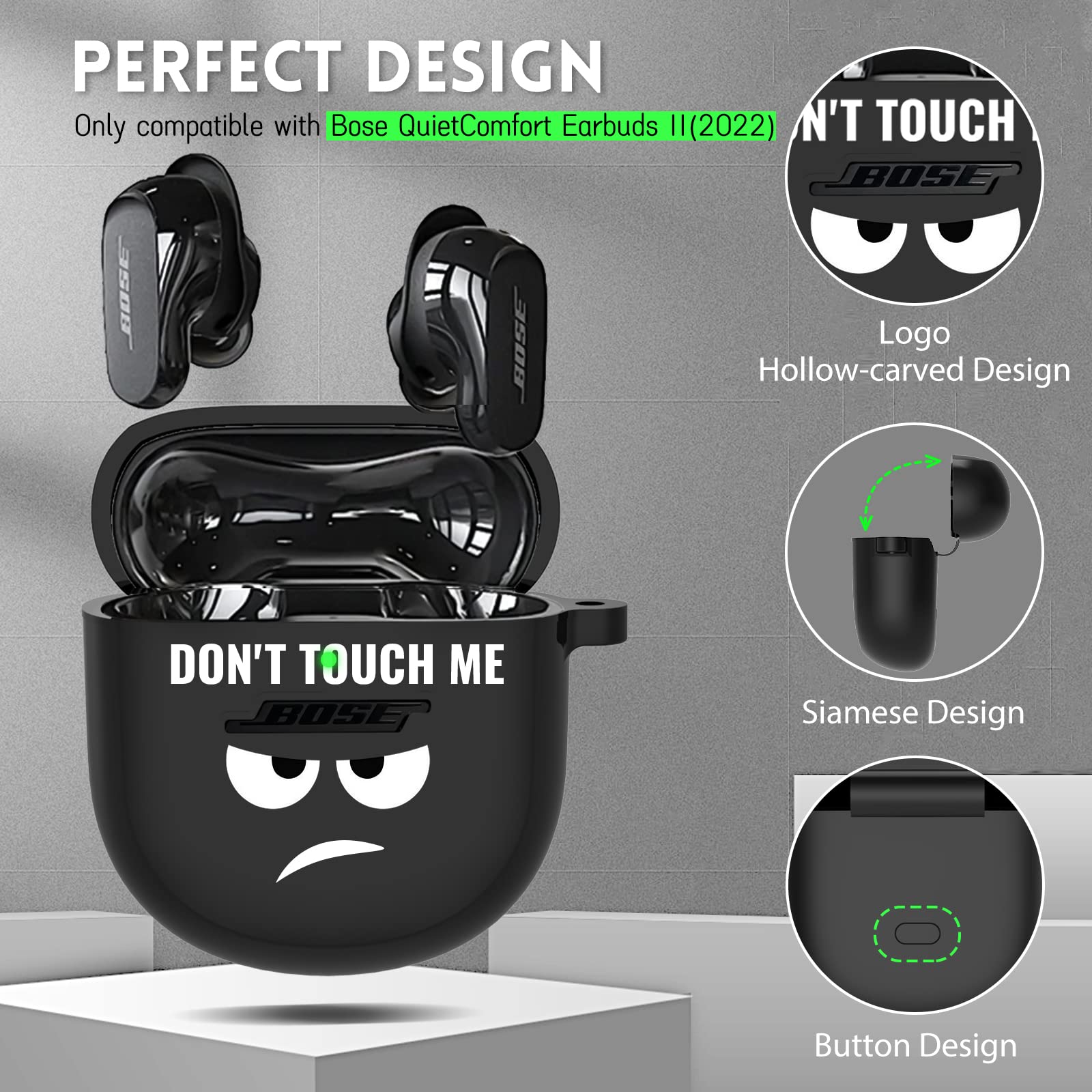 TOLUOHU for Bose QuietComfort Earbuds II Case(2022),Funny 【Don't Touch ME】 Unique Design Silicone Case Cover for Bose QC Earbuds 2 with Keychain & Lanyard (Black)