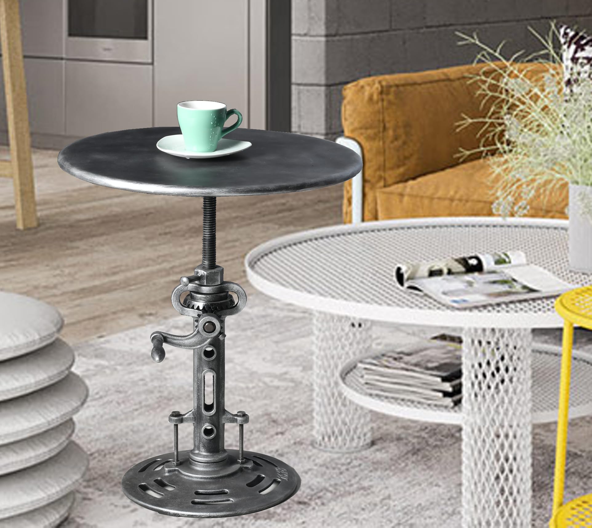 Topower 3 Piece Pub Set Industrial Retro Side Table End Table Height Ajustable Cast Iron Base Bar Table and Kitchen Dining Breakfast Chair Counter Height Barstool 1 Table + 2 Chairs