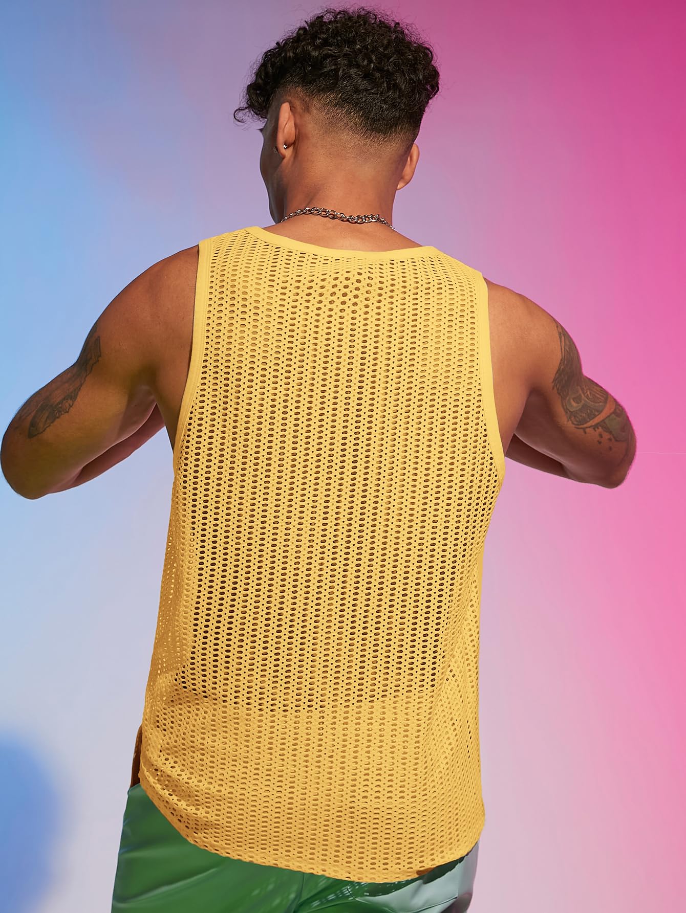 WDIRARA Men's Sequin Sleeveless Round Neck Tank Top T Shirt Party Top Solid Yellow M