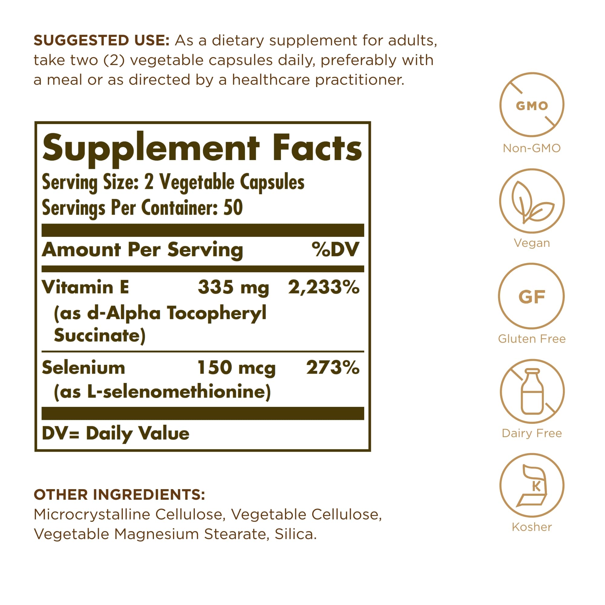 SOLGAR Dry Vitamin E with Yeast-Free Selenium - 100 Vegetable Capsules - Advanced Antioxidant Support - Non-GMO, Vegan, Gluten Free, Dairy Free, Kosher - 50 Servings