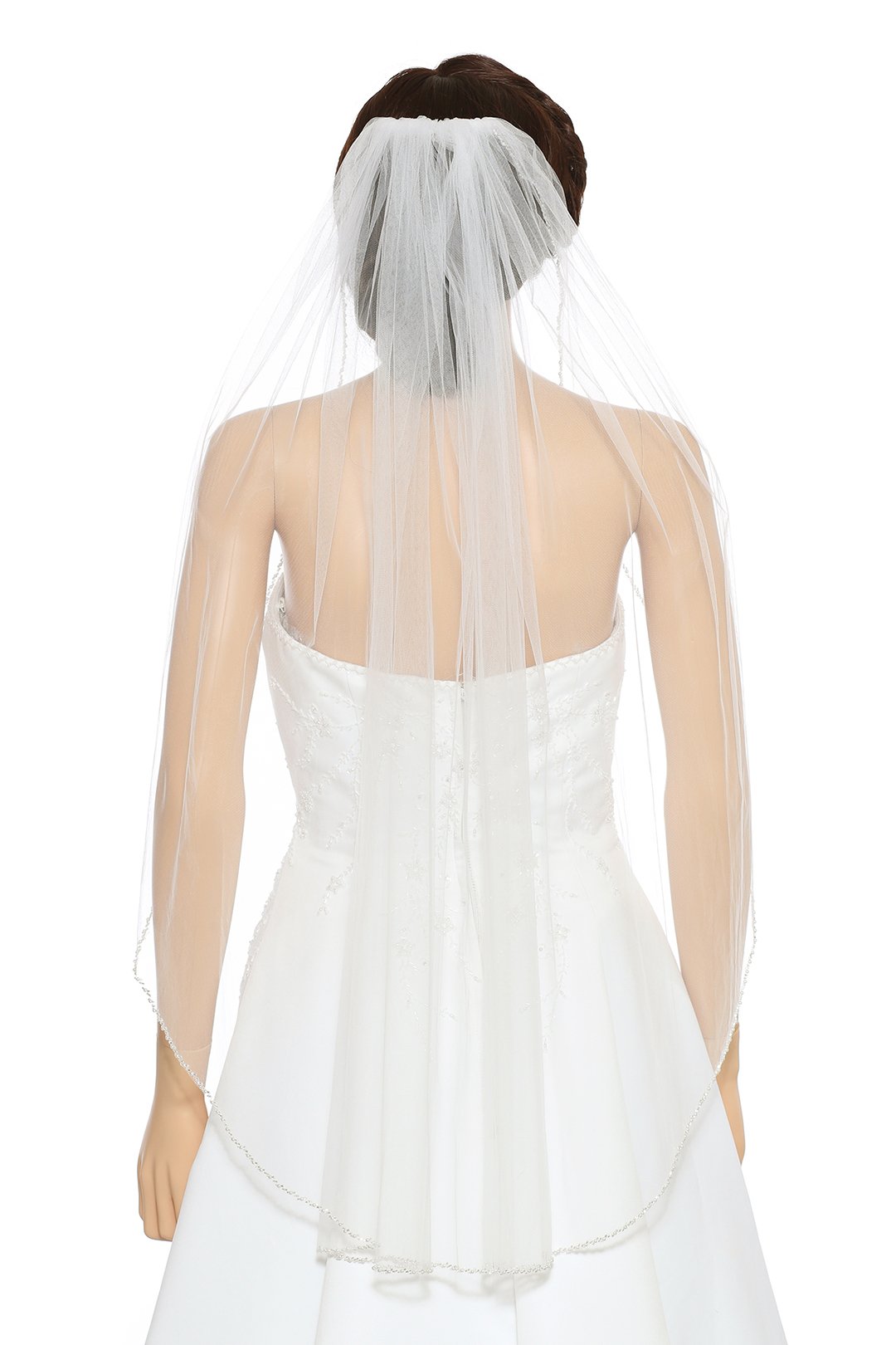 SAMKY 1T 1 Tier Pearls Bugle Beaded Wedding Veil V397 - Light Ivory Fingertip Length 36"