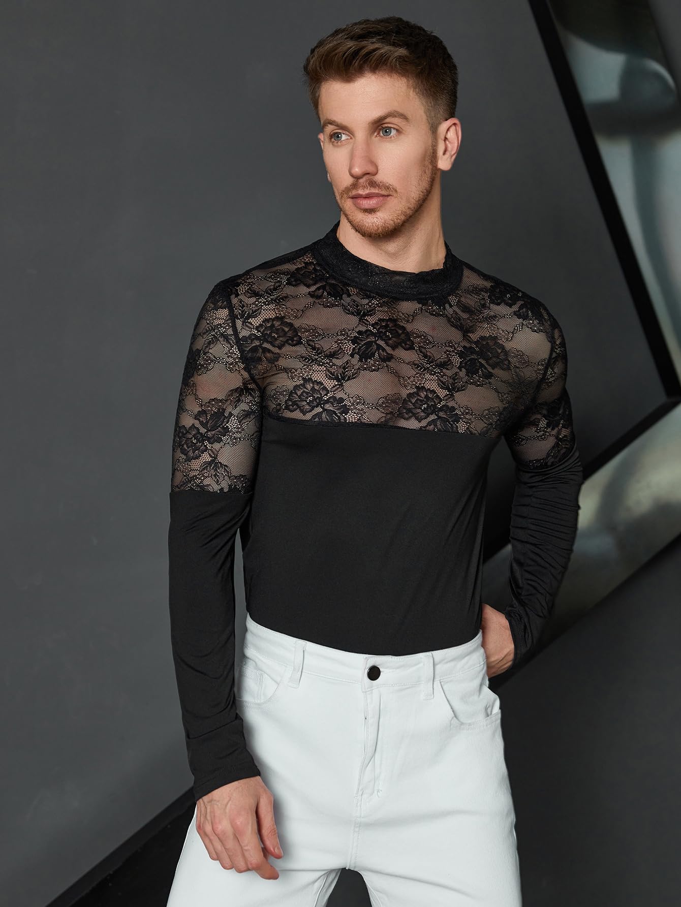 WDIRARA Men's See Through Floral Lace Mock Neck Long Sleeve Casual Tee Shirt Top Black XL