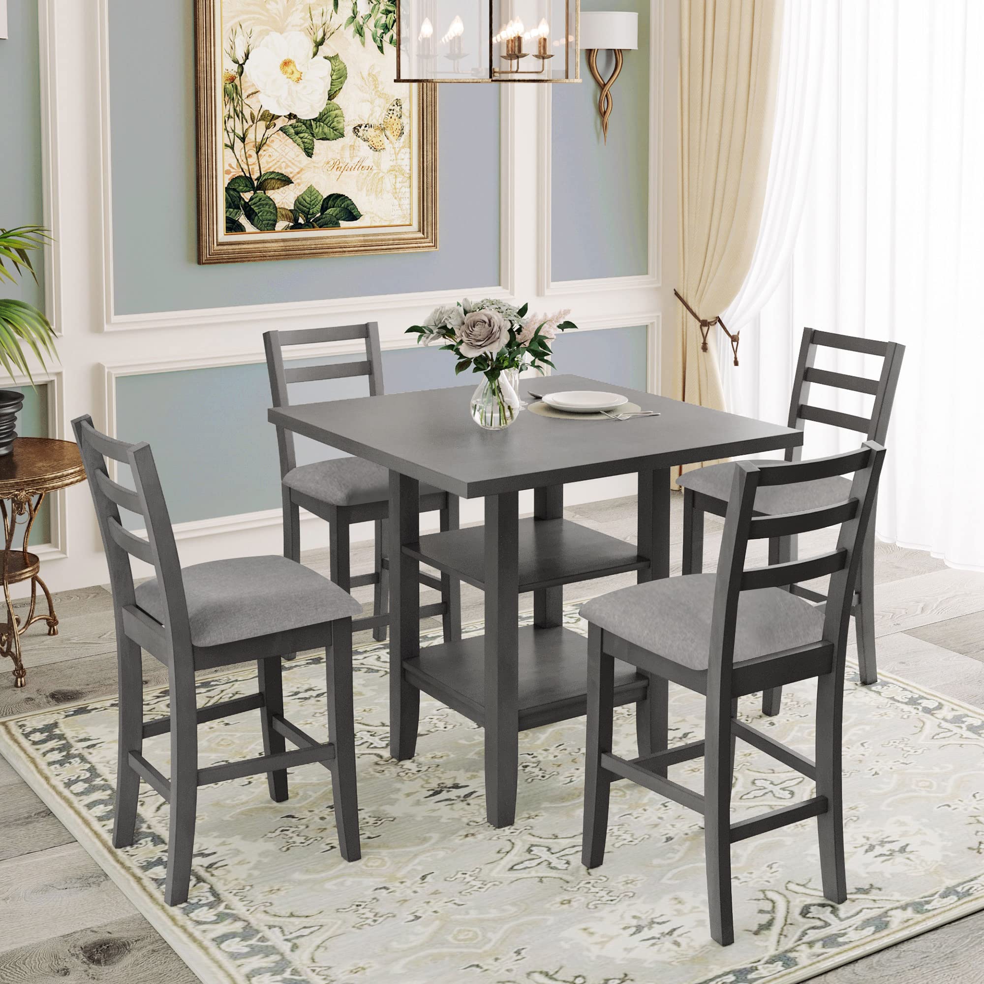 YuiHome 5-Piece Wooden Padded Chairs and Storage Shelving, Room Kitchen Table for 4 (Espresso), Counter Height Dining Set for 4, Dark Gray