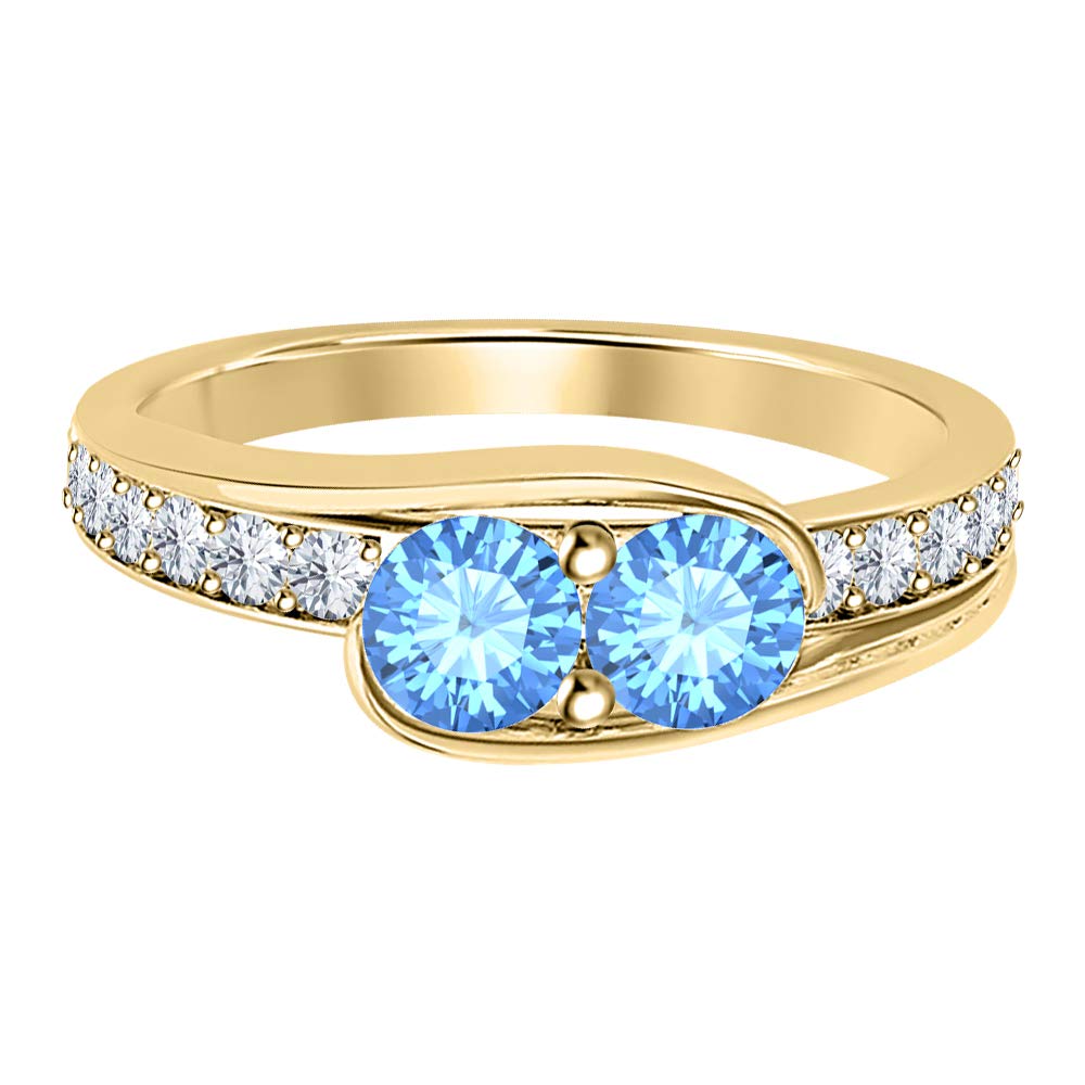 SVC-JEWELS 18K Yellow Gold Plated Created Blue Topaz & Diamond Two Stone Promise Wedding Ring For Women's.