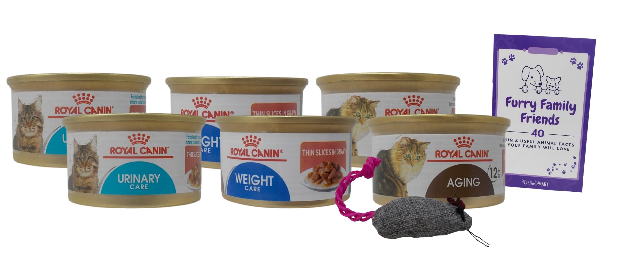 Royal Canin Slices in Gravy Cat Food 3 Flavor 6 Can Sampler, (2) Each: Urinary Care, Weight Care, Aging 12+ (3 Ounces) - Plus Catnip Toy and Fun Facts Booklet Bundle