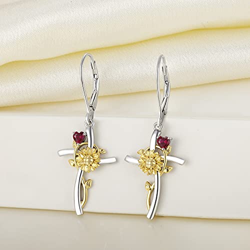 YL Sunflower Cross Earrings Sterling Silver Dangle Drop Earrings Created Ruby Religious Leverback Jewelry for Women