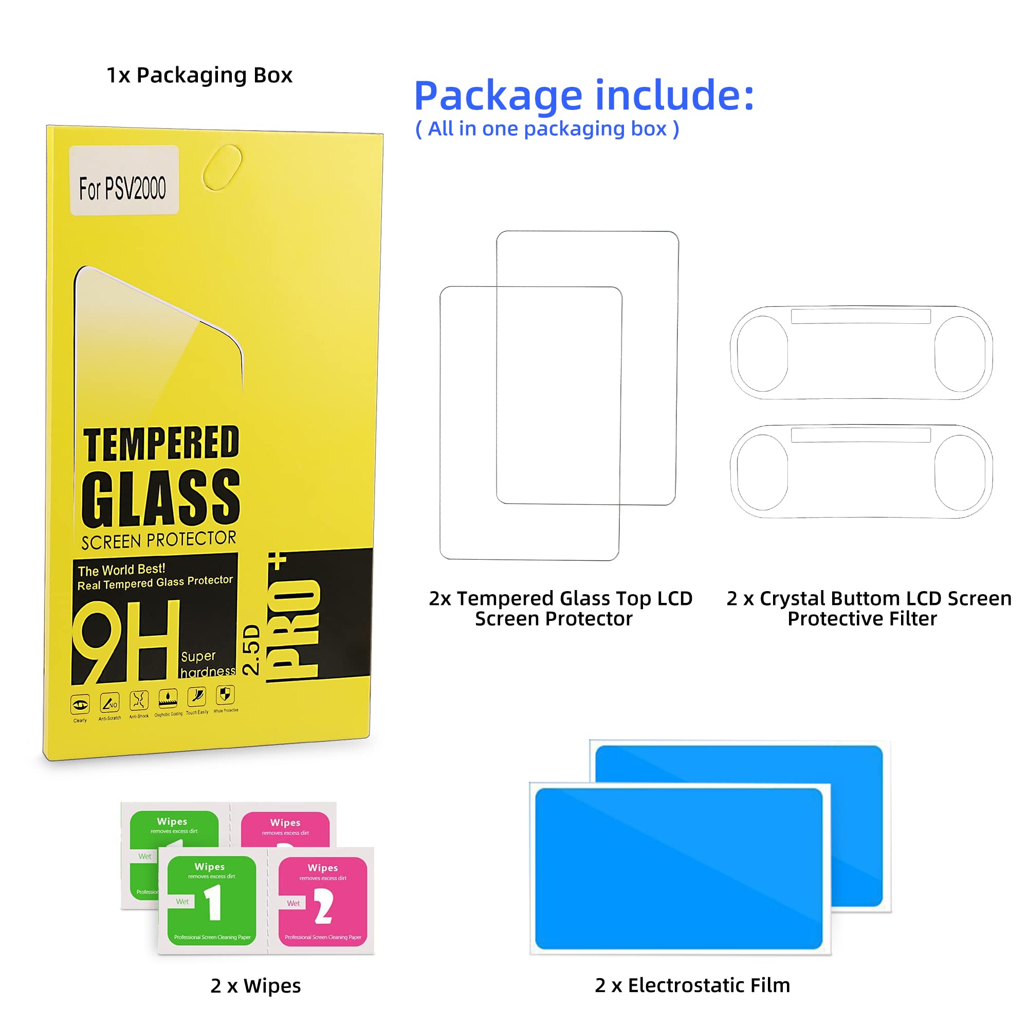 Xahpower PS Vita 2000 Screen Protector, 9H Tempered Glass Front Screen Protector and HD Clear PET Back Screen Protective Film for Sony PlayStation Vita 2000