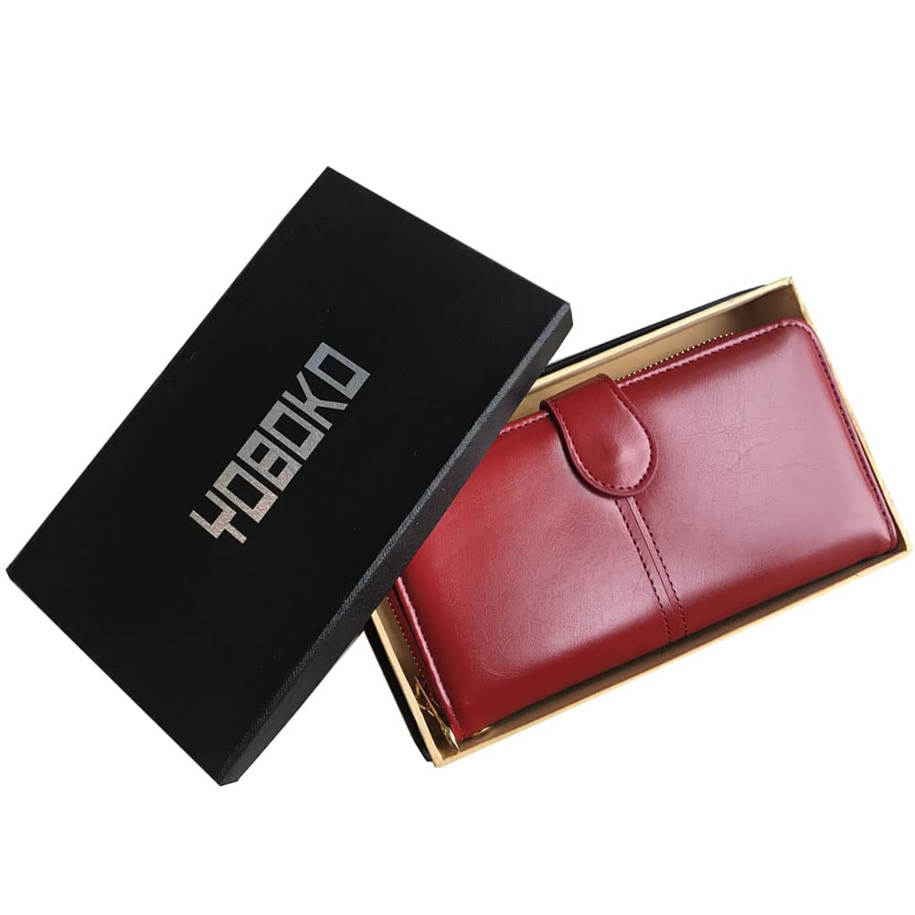 YOBOKO Womens Long Trifold Wallet Large Card Cases Holder Money Organizers (Wine Red)
