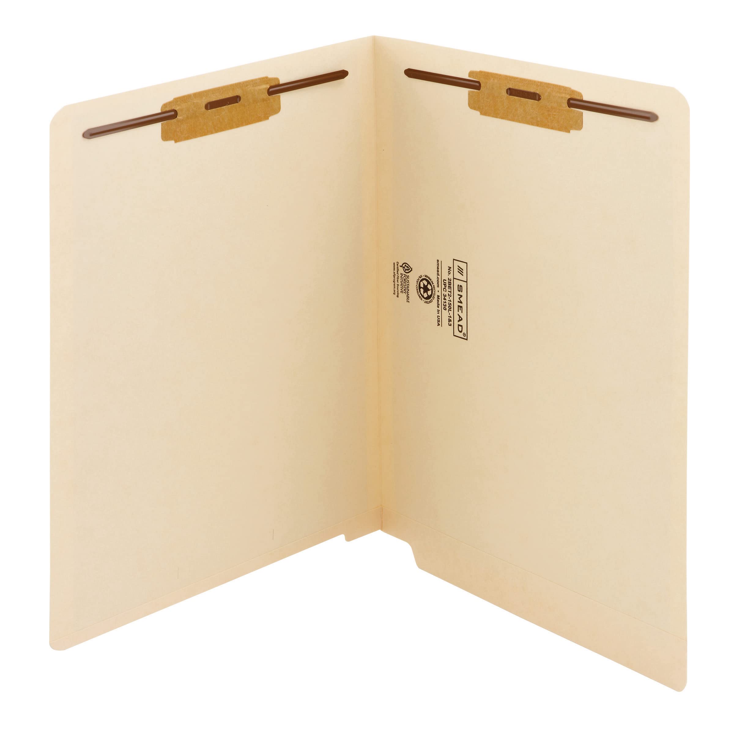 Smead Watershed/CutLess End Tab Fastener File Folder, Reinforced Straight-Cut Tab, 2 Fasteners, Letter Size, Manila, 50 per Box (34130)