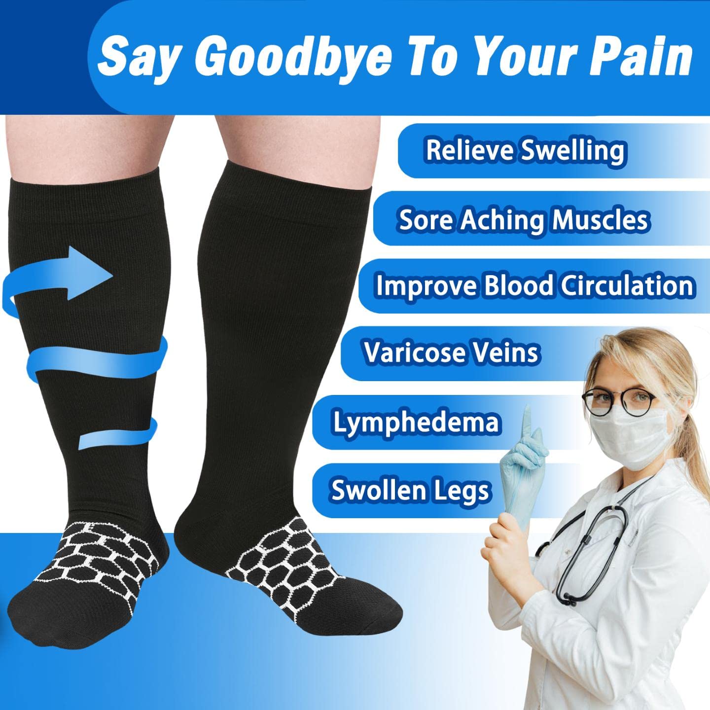XAIVEZL 3 Pairs Compression Socks for Women Plus Size Compression Socks Wide Calf Support for Pregnant Circulation XXL