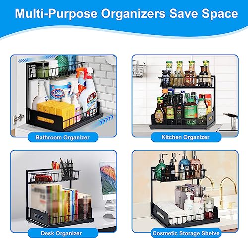 VANRIOS 100% Metal Under Sink Organizer and Storage, 2-Tier Pull Out Cabinet Organizer Shelf Under Cabinet Storage Height Adjustable Non-Slip Multi-Use Slide Out Cabinet Basket for Bathroom, Kitchen