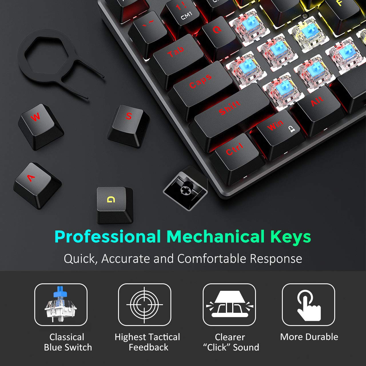YoChic Mechanical Gaming Keyboard LED Rainbow BacklitWired Keyboard with Blue Switches 87 Keys,Full-Key Rollover,Ergonomic Water-Resistant Computer for Windows PC Mac Gamer