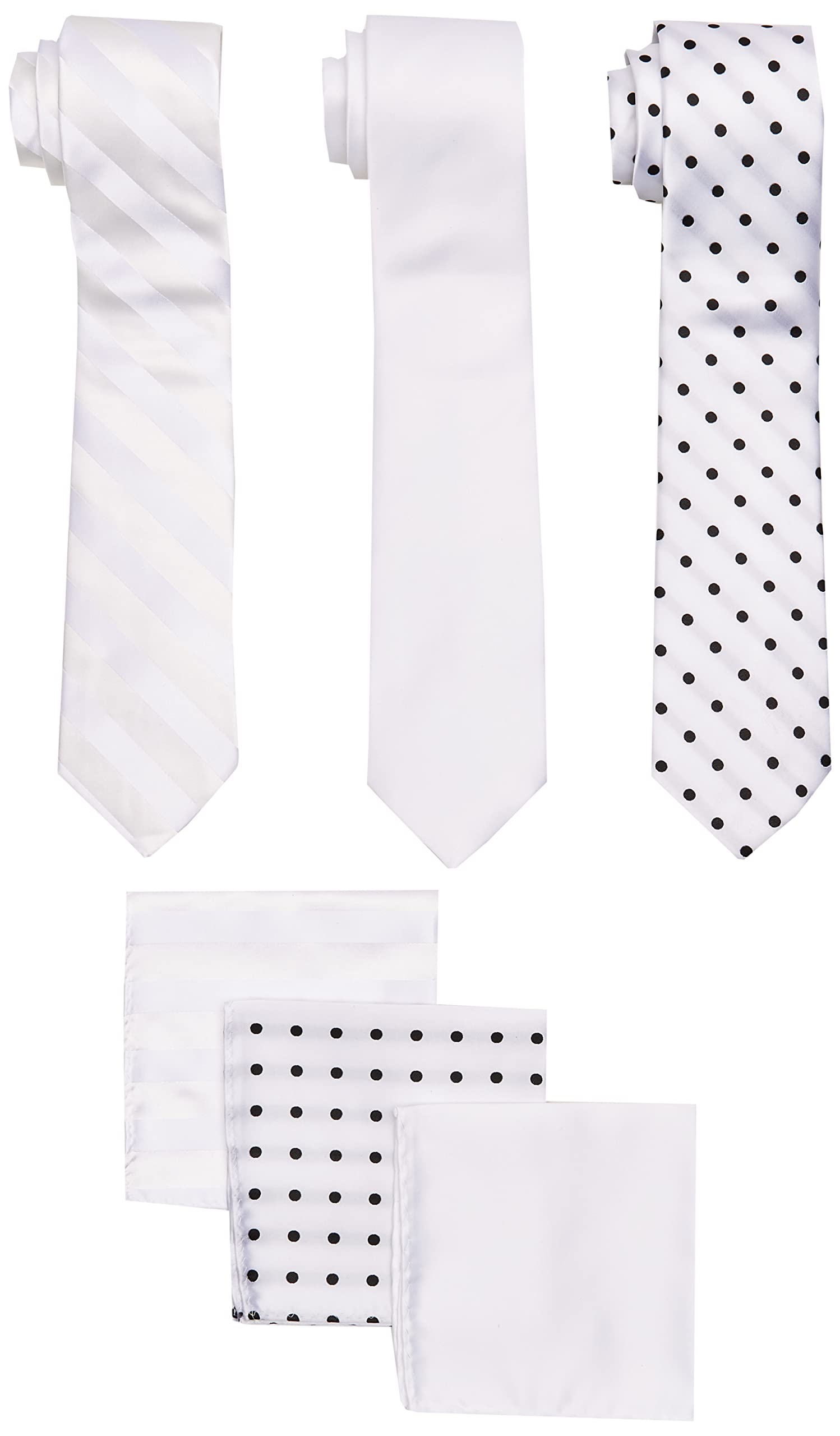 Stacy Adams Men's 3 Pack Satin Neckties Solid Striped Dots with Pocket Squares, White, One Size
