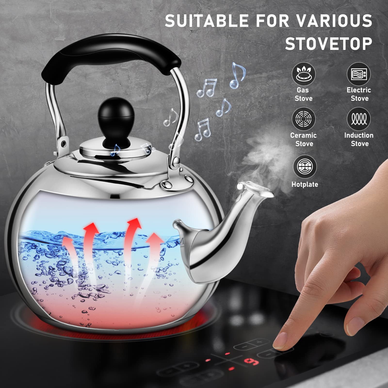 Stove Top Whistling Tea Kettle - 2.64 Quart Tea Kettle, Vintage Tea Pots,Triple Layer Stainless Steel Teapots for Stove Top,Universal Base for Induction Gas | Halogen | Radiant