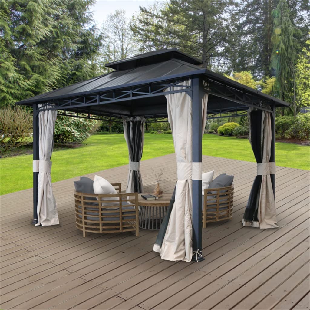 ZHYH 12 Ft. X 10 Ft. Black 2-Tier Double Roof Metal Hard Top Gazebo with Curtains and Netting