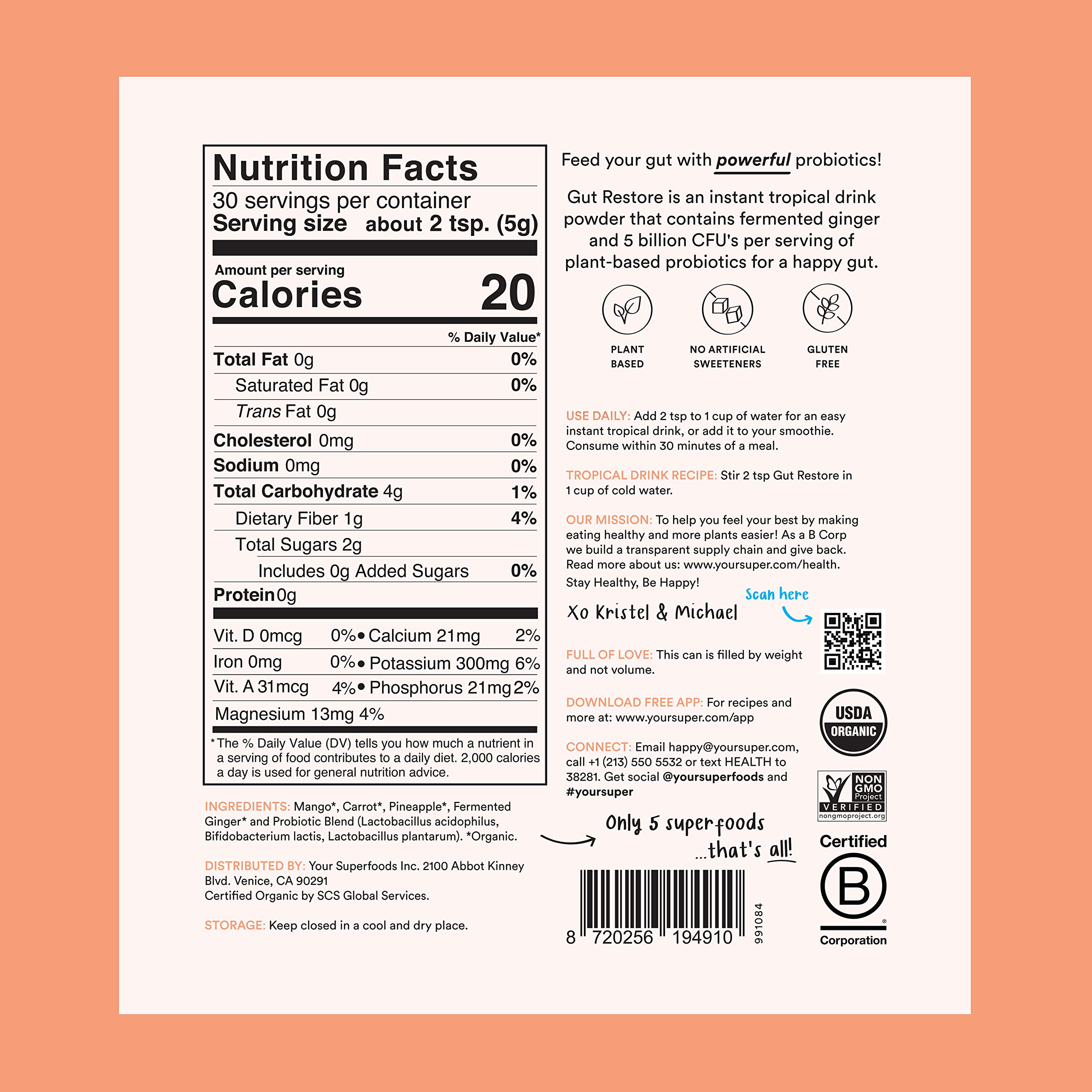 Your Super Gut Restore Superfood Powder β Organic Plant Based Powder with Probiotic Blend, Tropical Superfruit Drink Mix with Digestive Enzymes for Gut Health (30 Servings)