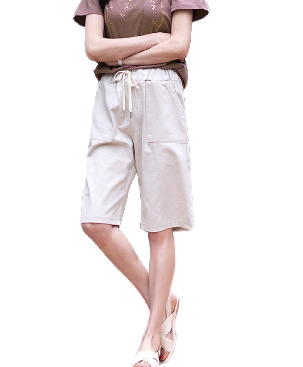 Vcansion Women's Casual Cotton Linen Bermuda Shorts with Drawstring Army Green US S/Asian XL