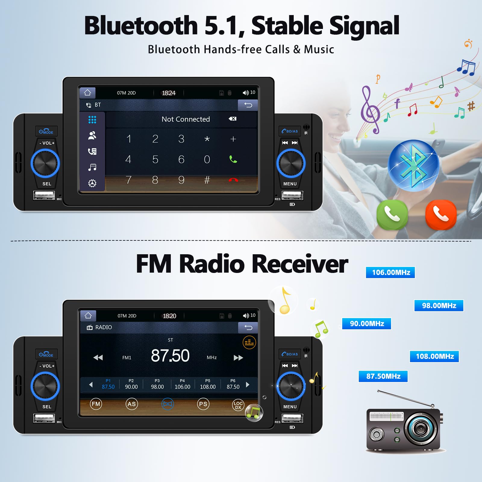 UNITOPSCI 5 Inch Single Din Touchscreen Car Stereo Compatible with Apple CarPlay Android Auto Bluetooth 5.1 Car Radio Receiver Mirror Link FM MP5 Player Dual USB EQ Media Player +Backup Camera Mic