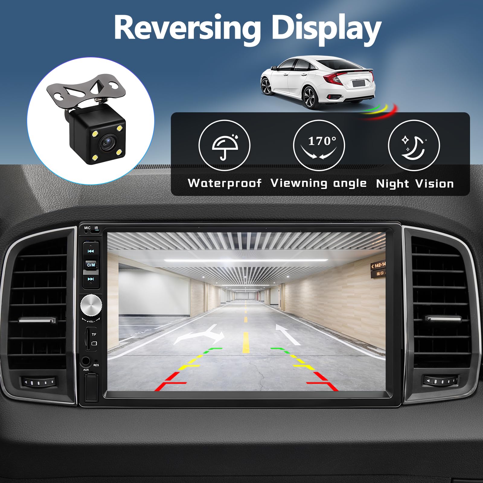 UNITOPSCI Double Din Bluetooth Car Stereo HD 7 Inch Touch Screen with Backup Camera, Mirror Link FM Radio Aux/USB/TF Input Car MP5 Player+ Remote Control